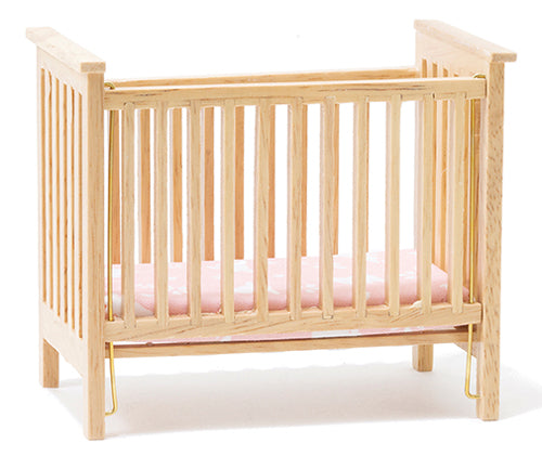 Slatted Nursery Crib, Oak with Pink Fabric – Dollhouse Junction